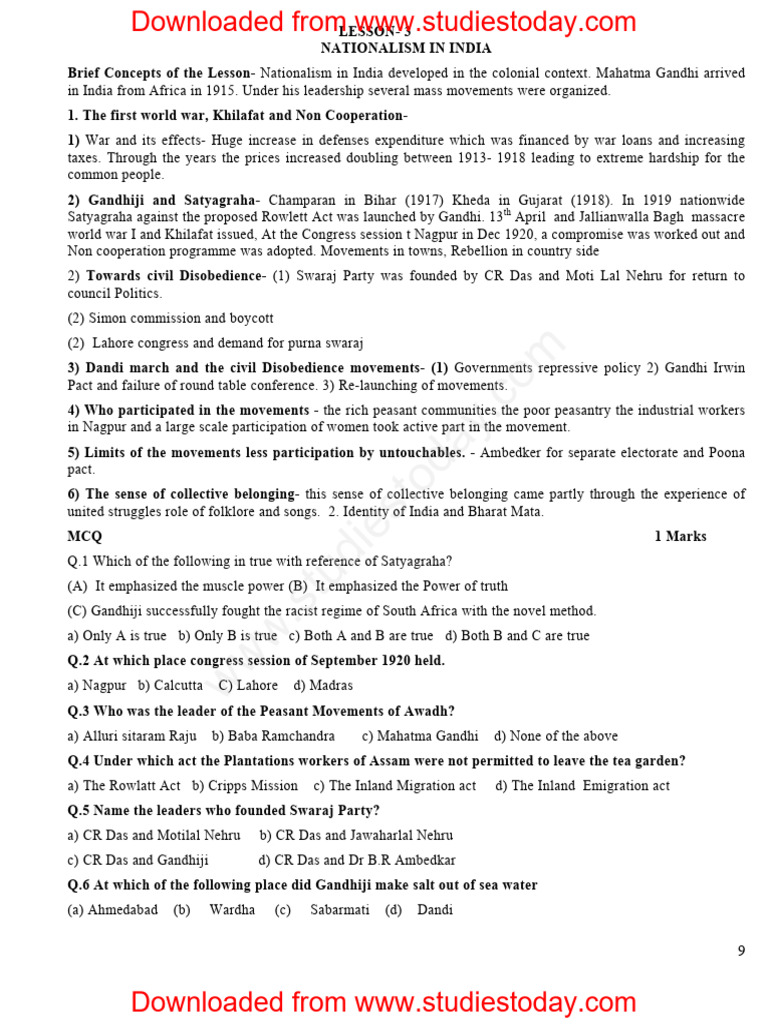 CBSE Class 10 History Nationalism in India | PDF | Mahatma Gandhi ...