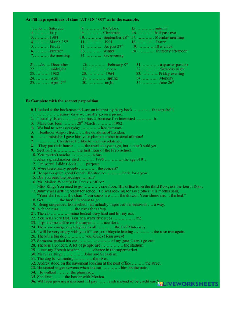 Prepositions Time and Place | PDF