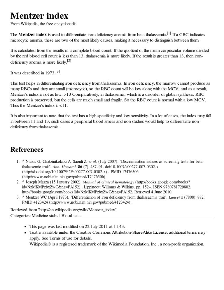 Mentzer Index - Wikipedia, The Free Encyclopedia | PDF | Anemia | Pathology