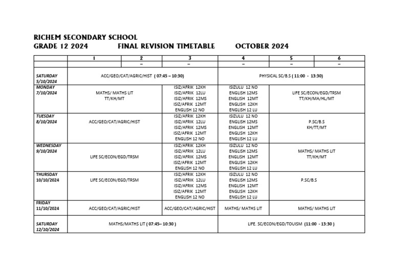 Special Timetable Grade 12 | PDF
