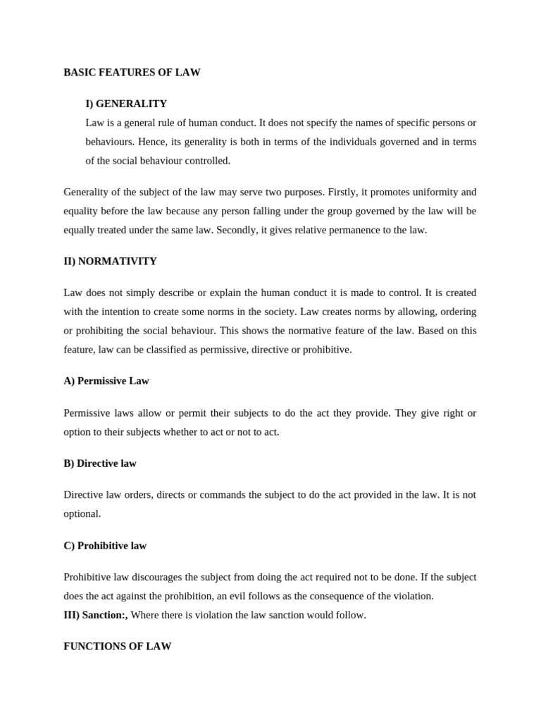 Basic Features of Law I) Generality | PDF | Civil Law (Legal System ...
