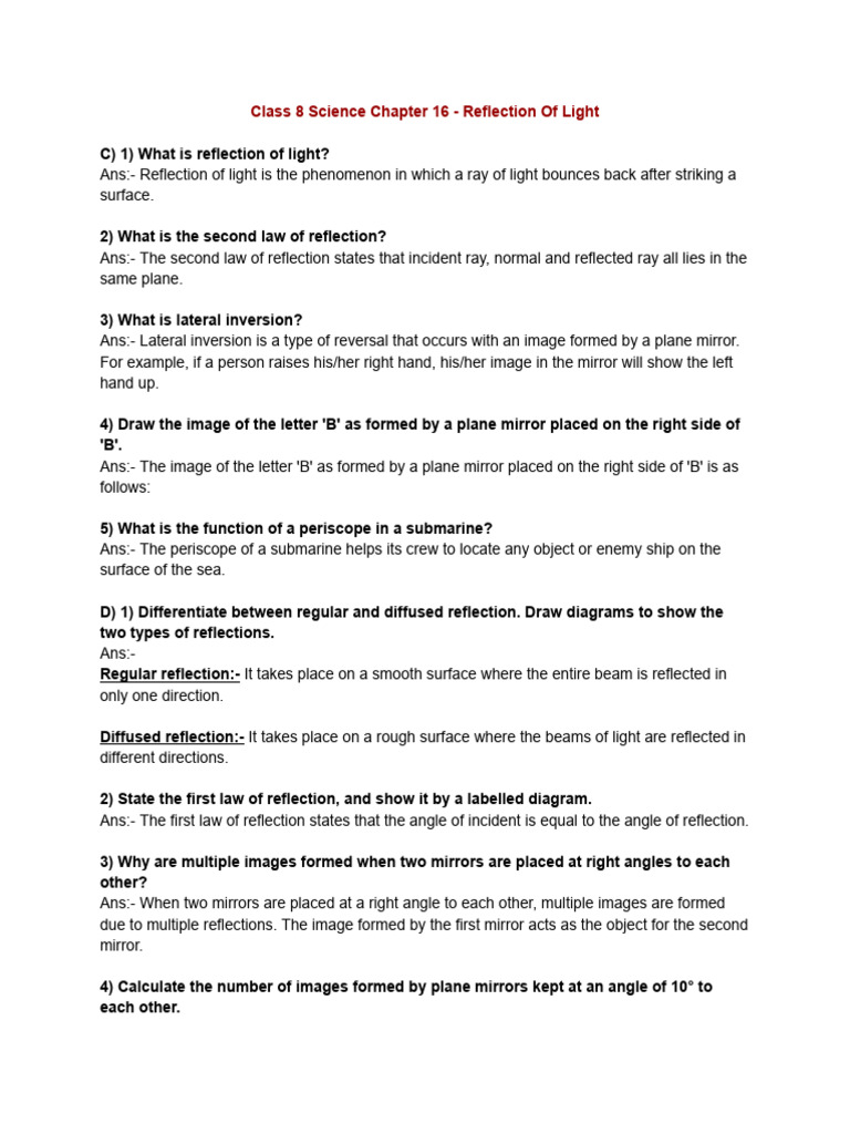 Class 8 Science Chapter 16 - Reflection of Light | PDF | Reflection ...