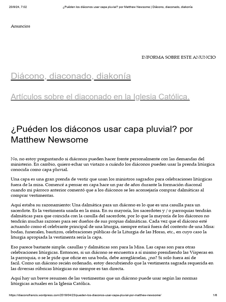 ¿Puéden Los Diáconos Usar Capa Pluvial - Por Matthew Newsome - Diácono ...