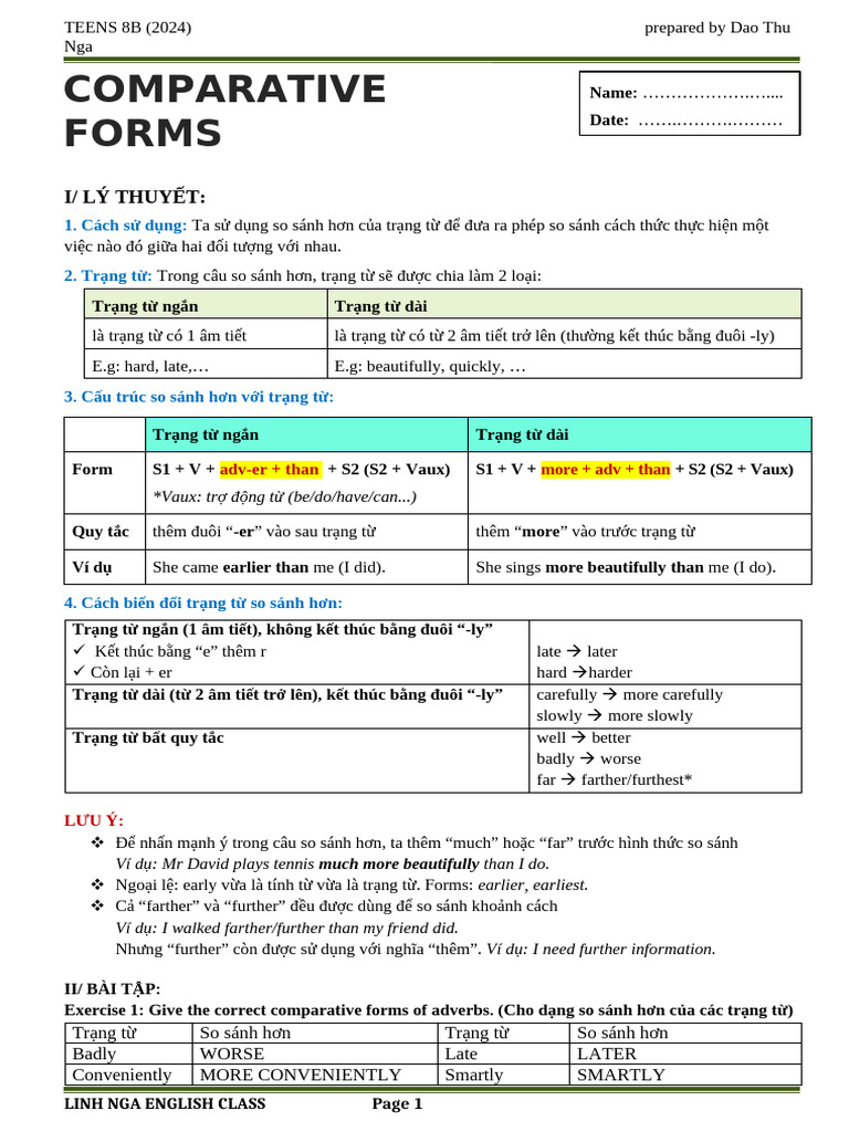 Comparative Forms of Adverbs (Key) | PDF