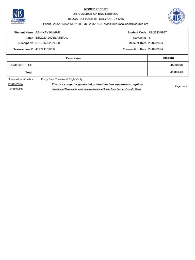 Money Receipt: This Is A Computer Generated Printout and No Signature ...