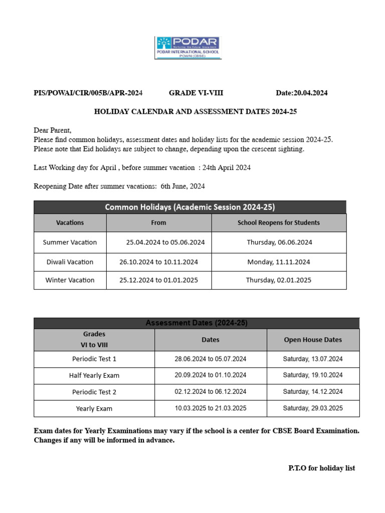 Holiday Calendar & Assessment Dates 2024-25 | PDF | Educational ...