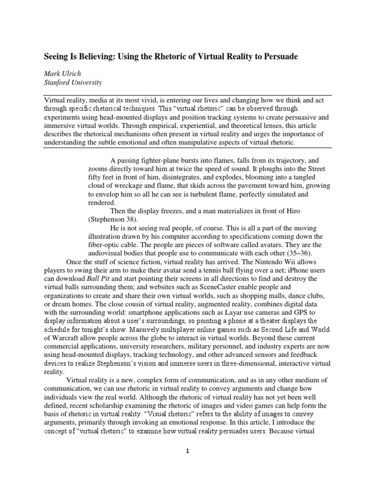 Virtual Reality's Persuasive Rhetoric | PDF | Virtual Reality | Virtual ...