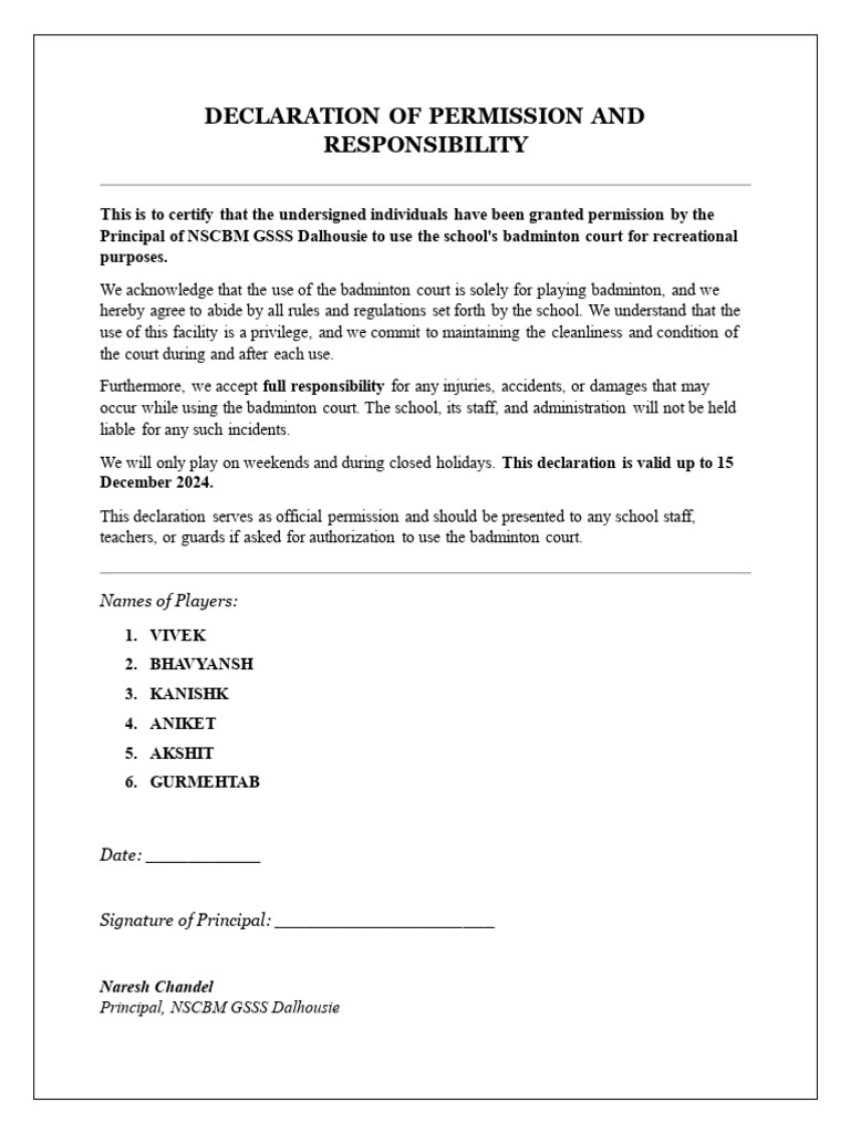 Declaration of Permission and Responsibility | PDF