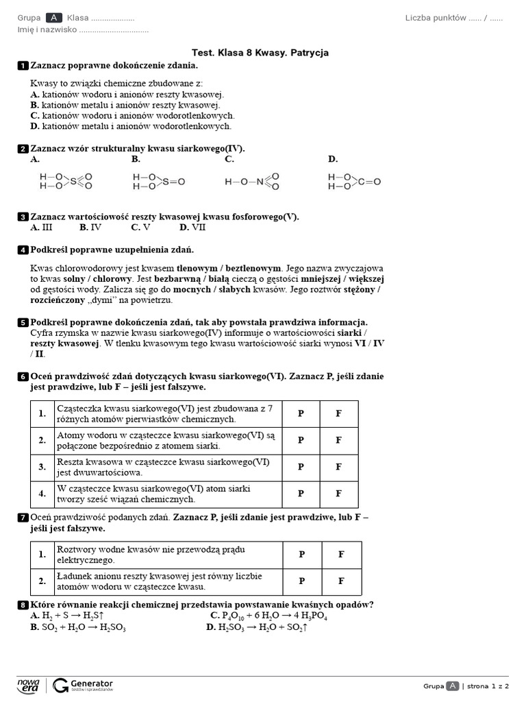 Chemia 8 - SPR1 Kwasy | PDF