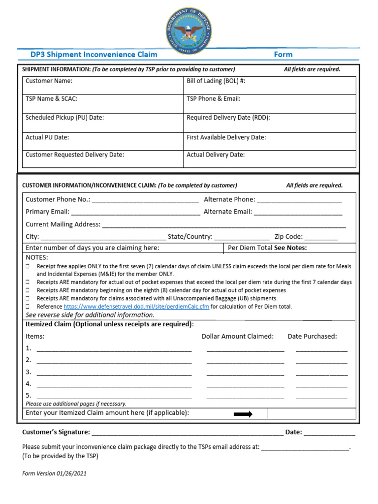 DP3 Shipment Claim Form Guide | PDF | Per Diem