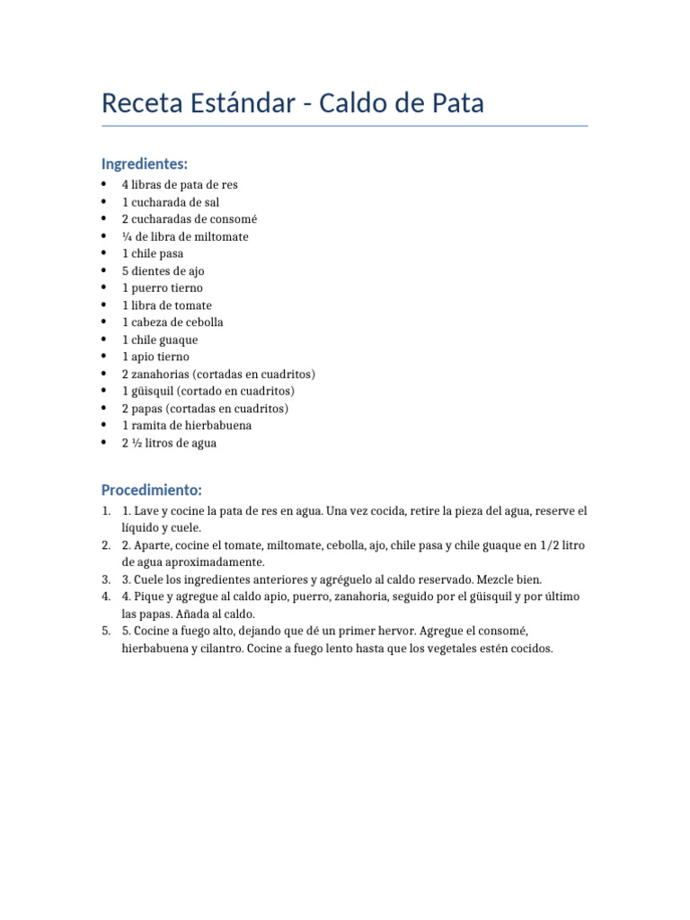 Receta Estandar Caldo de Pata | PDF