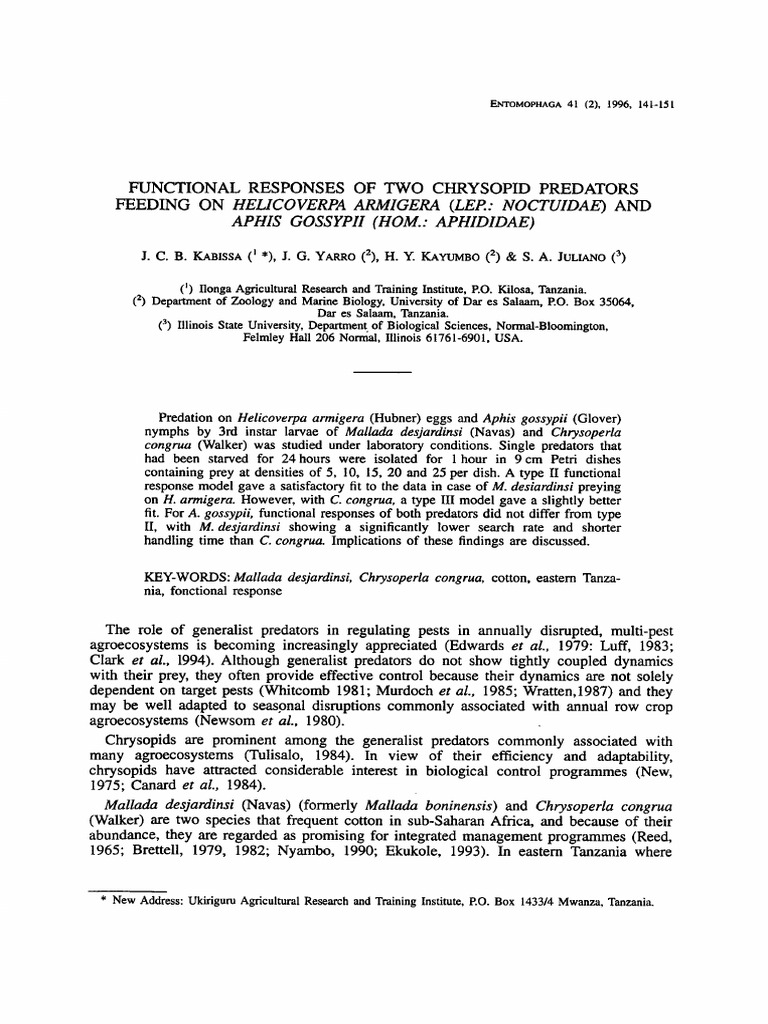 1996 Functional Responses of Two Chrysopid | PDF | Predation ...