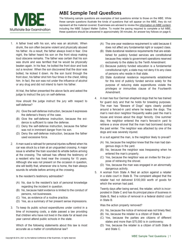 MBE Sample Test Questions New 2023 | PDF | Burden Of Proof (Law ...