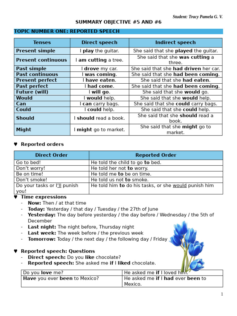 Summary Reported Speech | PDF