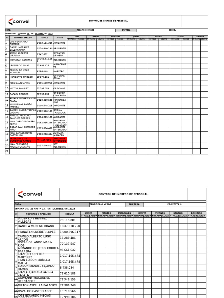 Planilla Control de Ingreso de Personal General | PDF