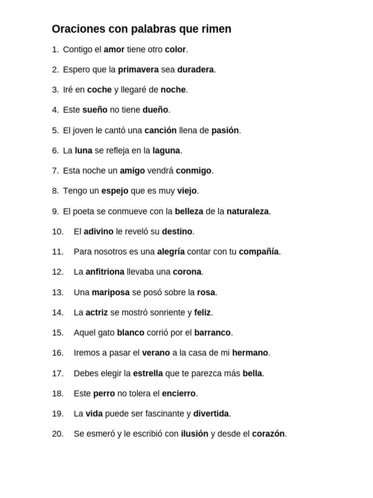 20 Oraciones que Riman para Niños | PDF