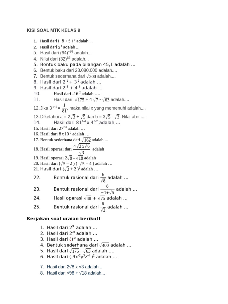 Soal Pts Ganjil MTK Kls 9 | PDF