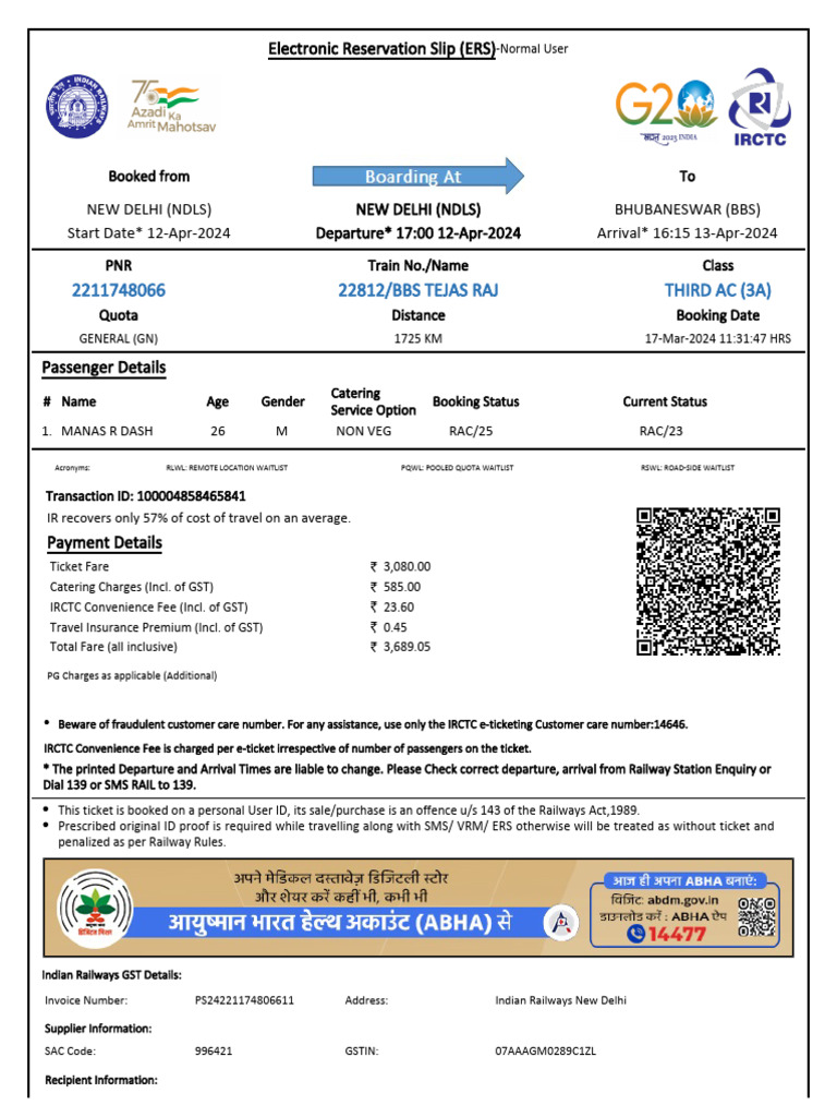 22812/Bbs Tejas Raj Third Ac (3A) | PDF | Identity Document | Payments