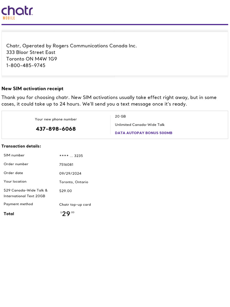 Chatr SIM Activation Receipt | PDF