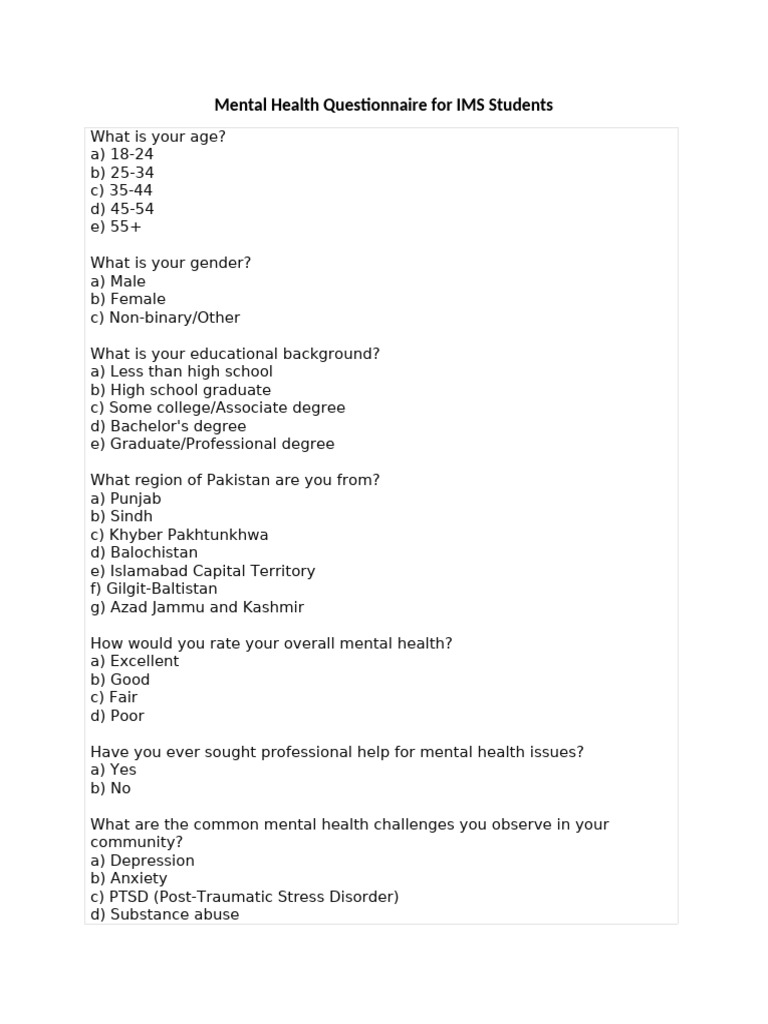 Mental Health Questionnaire For IMS Students | PDF | Mental Health ...