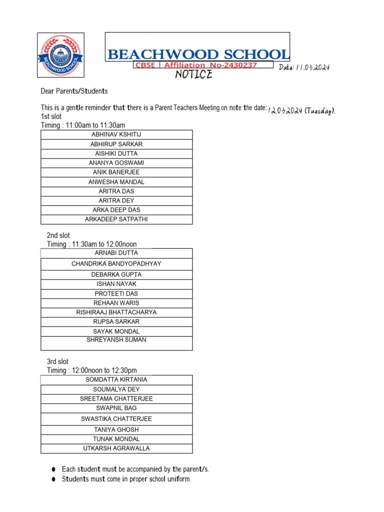 PTM Notice - XI Final (2023 - 2024) | PDF