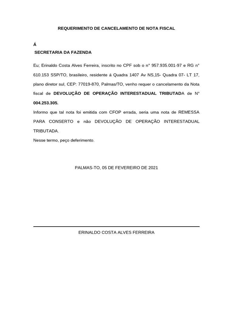 Requerimento de Cancelamento de Nota Fiscal | PDF