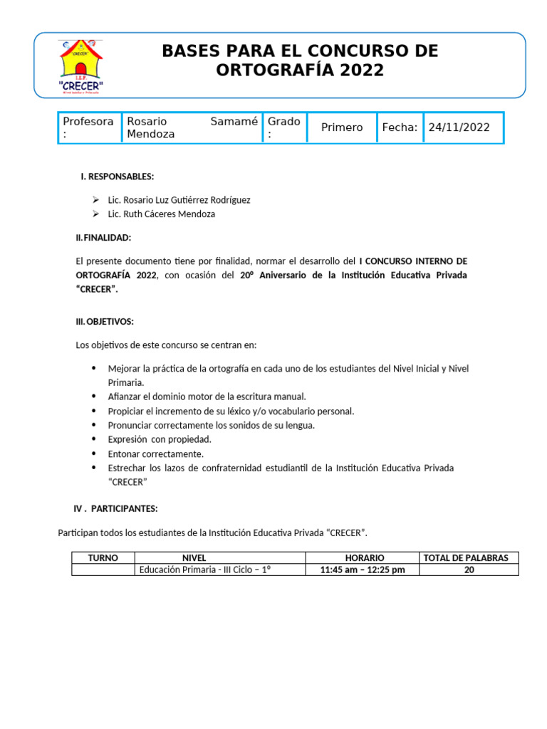 CONCURSO DE ORTOGRAFÍA 1er Grado | PDF | Caso de carta | Ortografía