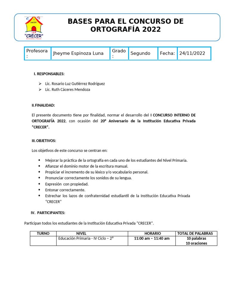 CONCURSO DE ORTOGRAFÍA 2do Grado | PDF | Ortografía | Caso de carta