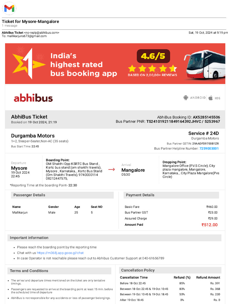 Gmail - Ticket For Mysore-Mangalore | PDF | Public Transport | Transport