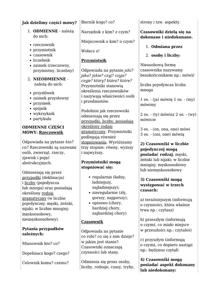 Odmienne I Nieodmienne Czesci Mowy - Sciaga | PDF