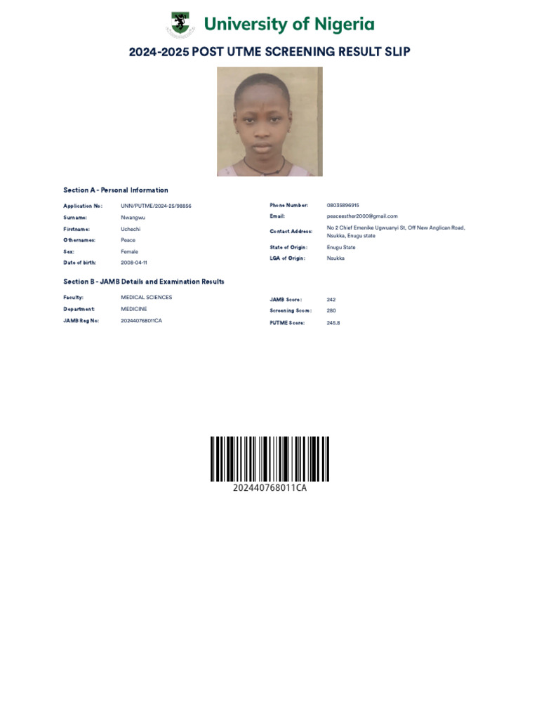 UNN 2024-2025 PUTME Result Slip | PDF