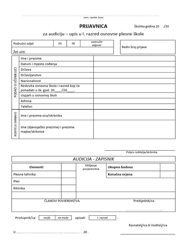 PRIJAVNICA Za AUDICIJU Za Osnovnu Plesnu Školu | PDF