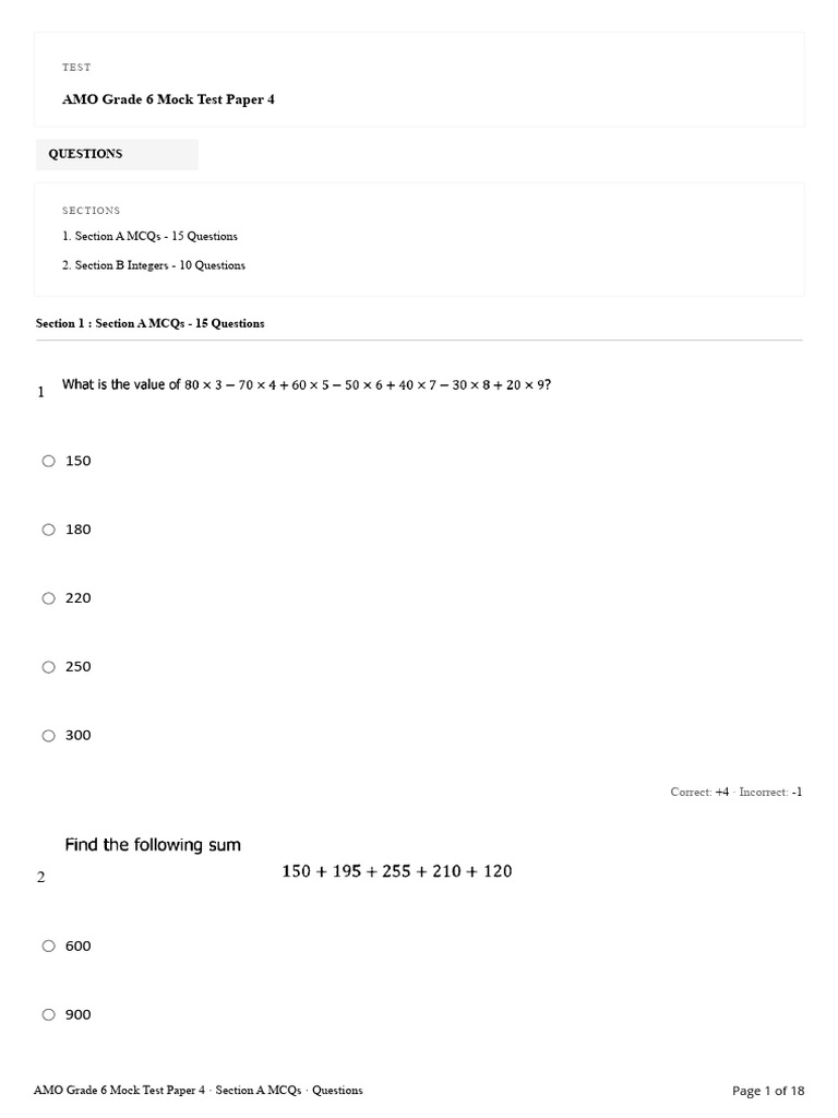 Grade 6 AMO Mock Test Paper 4 | PDF | Multiple Choice | Qualifications