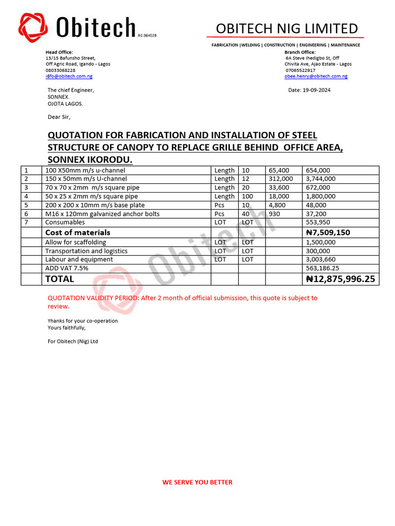 Oct 6 2024 Quotation For Fabrication and Installation of Steel Structure of Canopy To Replace ...