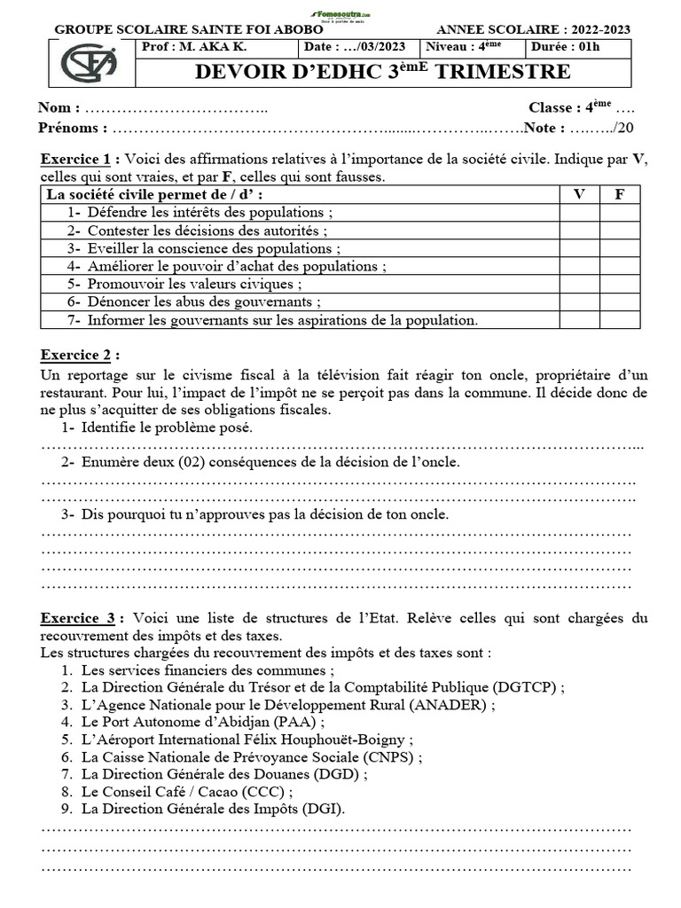 Devoir HEDHC 4ème | PDF