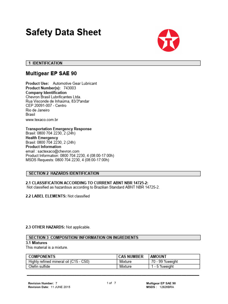 Multigear EP SAE 90 Safety Data Sheet | PDF | Toxicity | Dangerous Goods