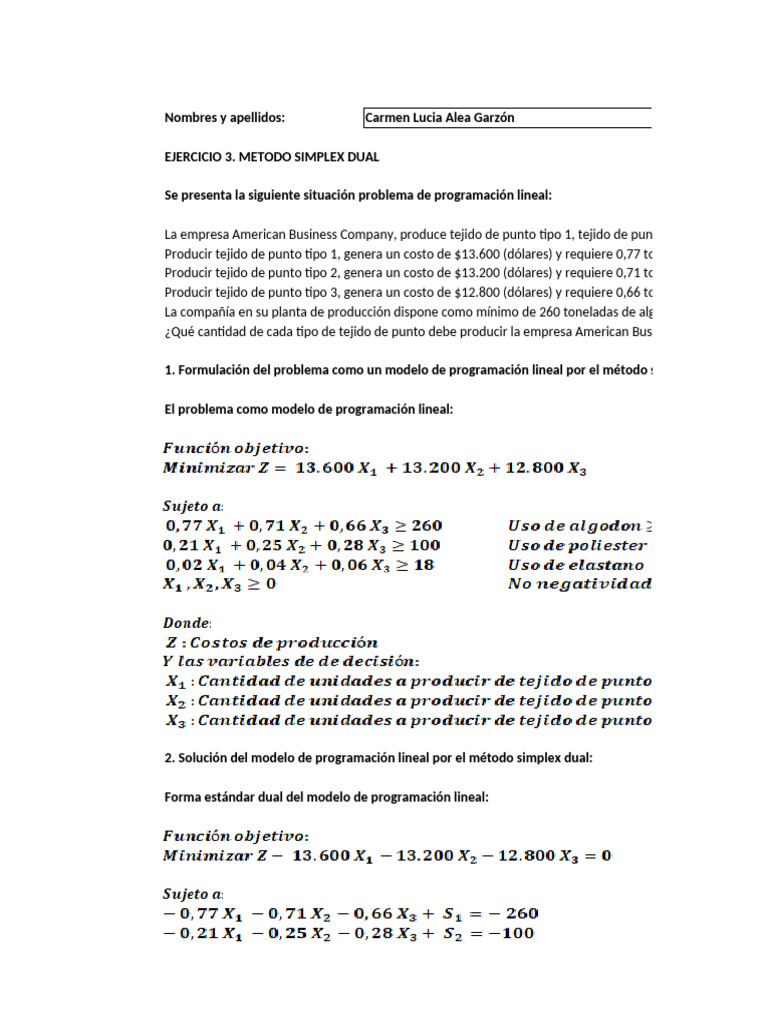 Plantilla Solucion Ejercicio 3 - Metodo Simplex Dual - Tarea 1 | PDF | Programación lineal ...