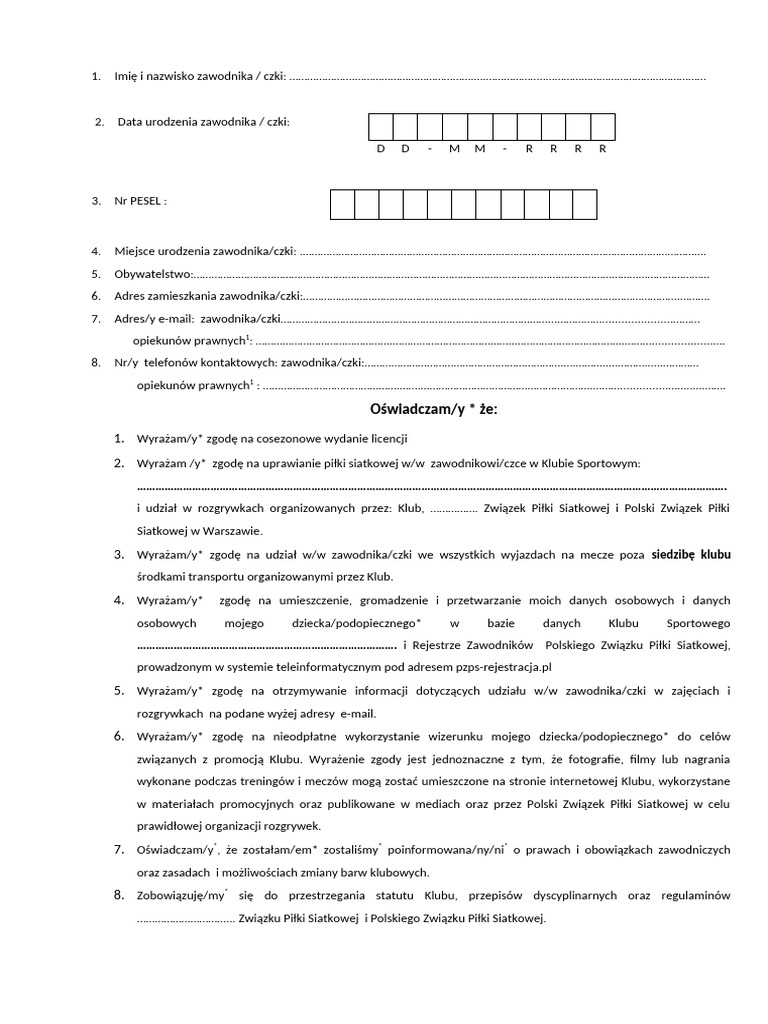 28.11.2023 O Wiadczenie Rodzic W I Zawodnika - WZ R OSEKiZ | PDF