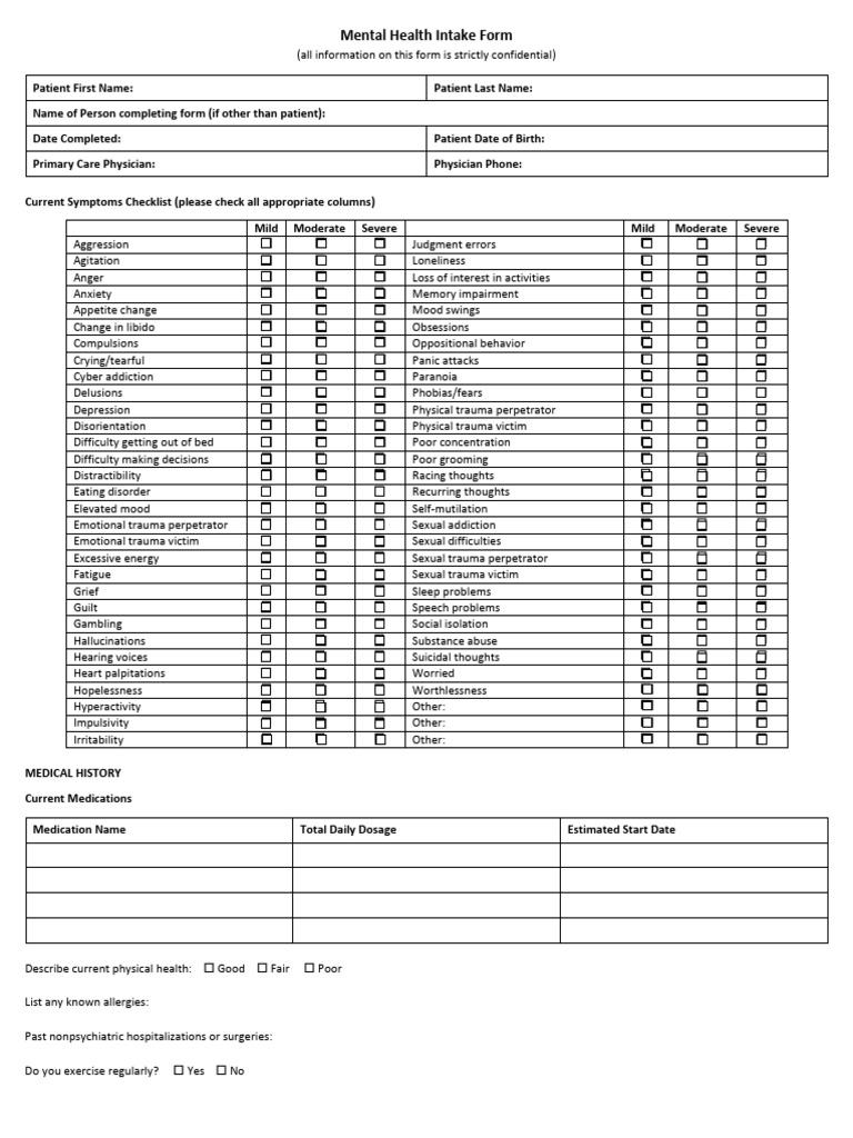 Mental Health Intake Form Example 1 | PDF | Mental Disorder | Sexual ...
