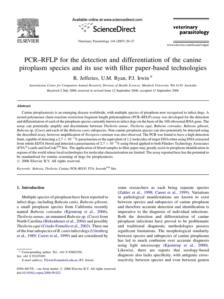 PCR-RFLP For The Detection and Differentiation of The Canine Piroplasm Species and Its Use With ...