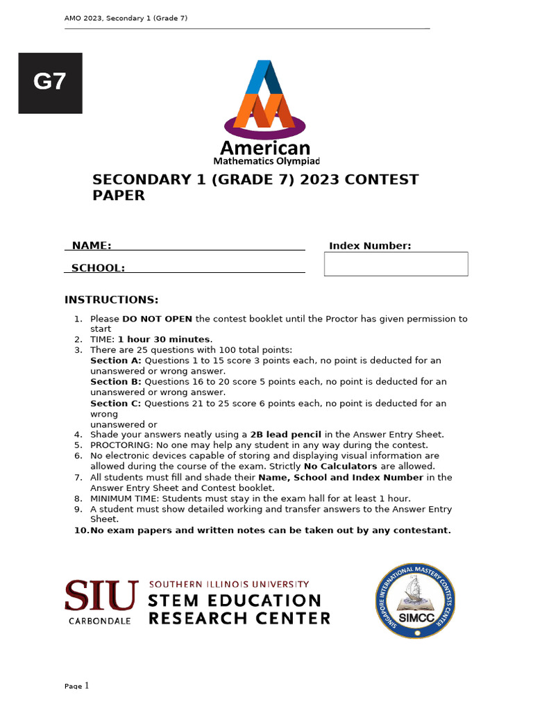 AMO 2023 Secondary 1 Grade 7 Contest PaperV2 | PDF