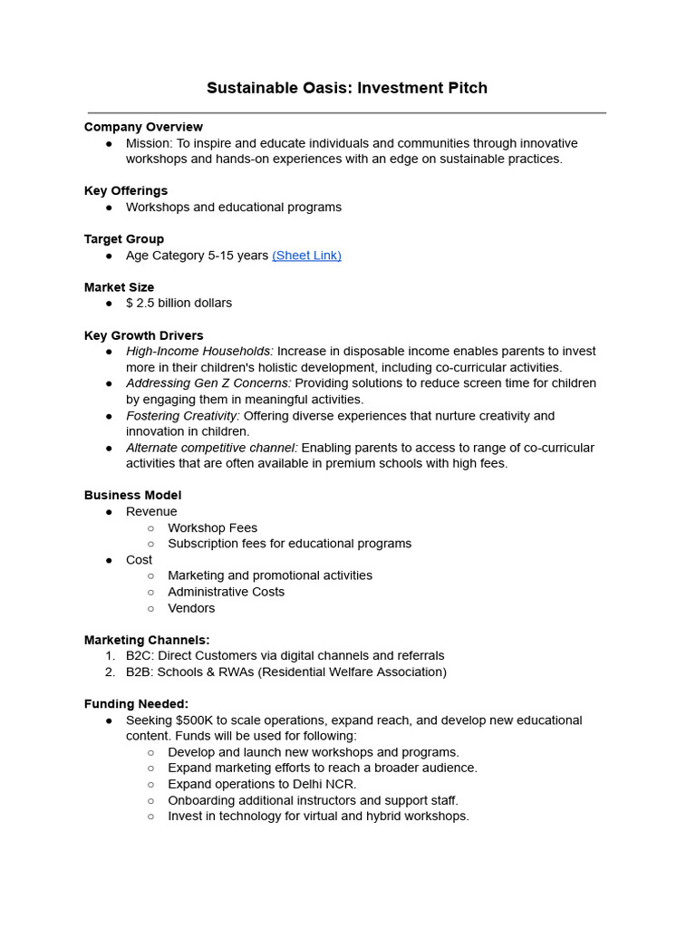 Concept Note - Investment Pitch, 1 Pager | PDF | Career & Growth | Business