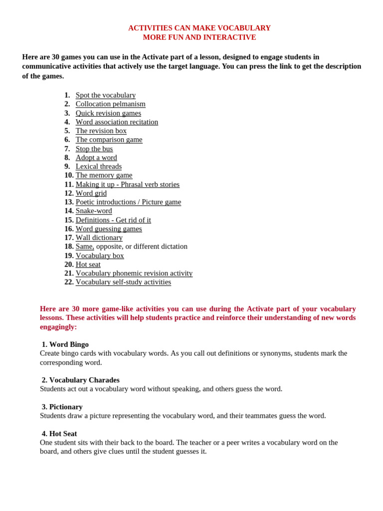 Games To Teach Vocabulary | PDF | Vocabulary | Crossword
