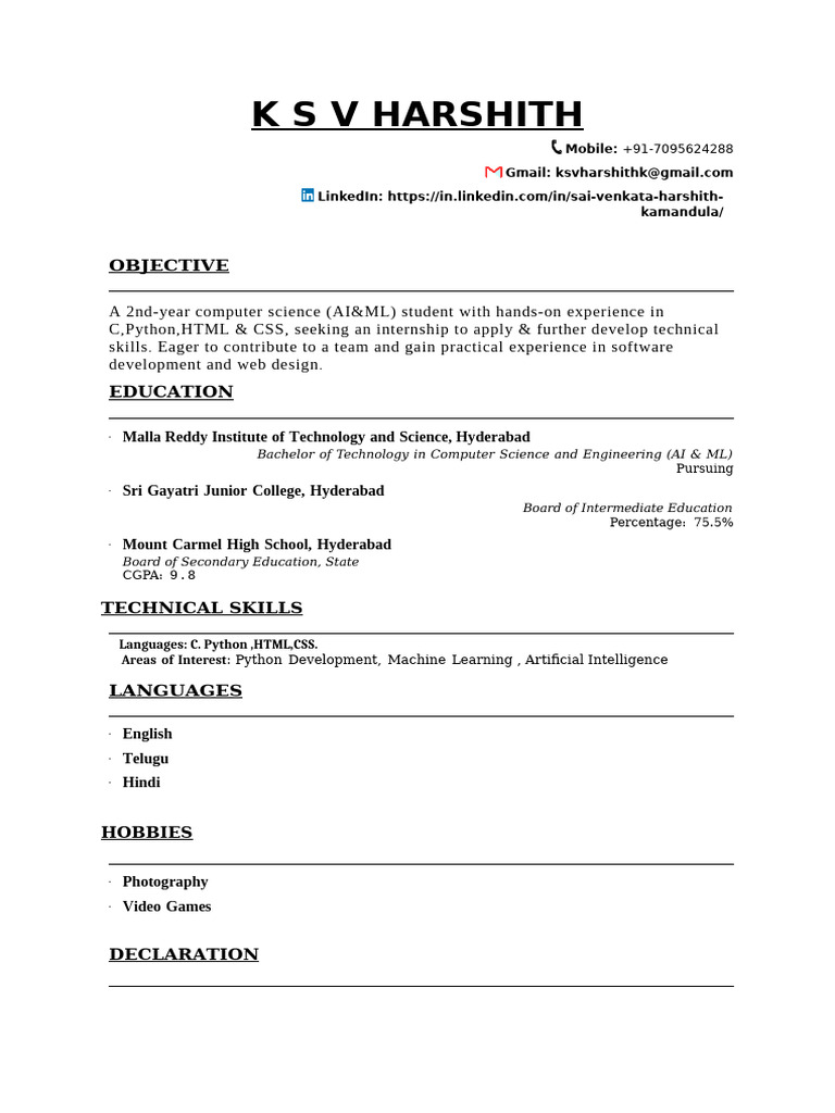 K S V Harshith Resume | PDF | Career & Growth