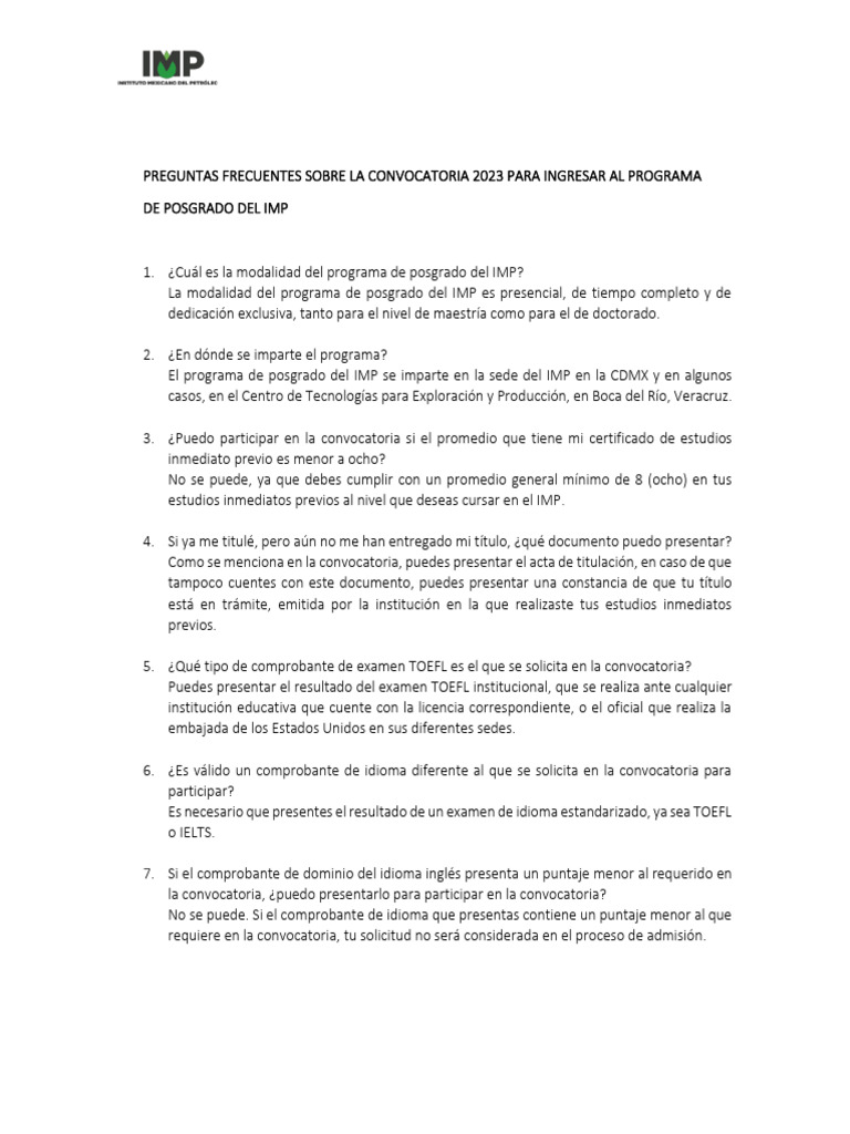 Convocatoria 2023 Posgrado IMP | PDF | Sistema internacional de pruebas ...