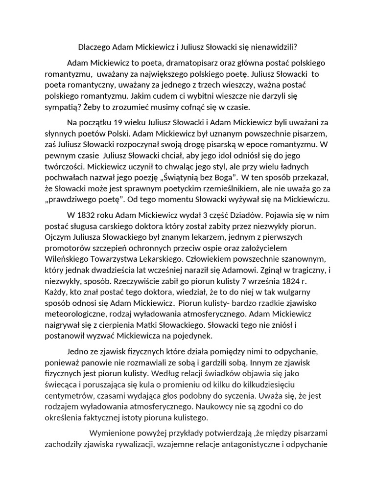Dlaczego Adam Mickiewicz I Juliusz Słowacki Siebie Nienawidzili | PDF