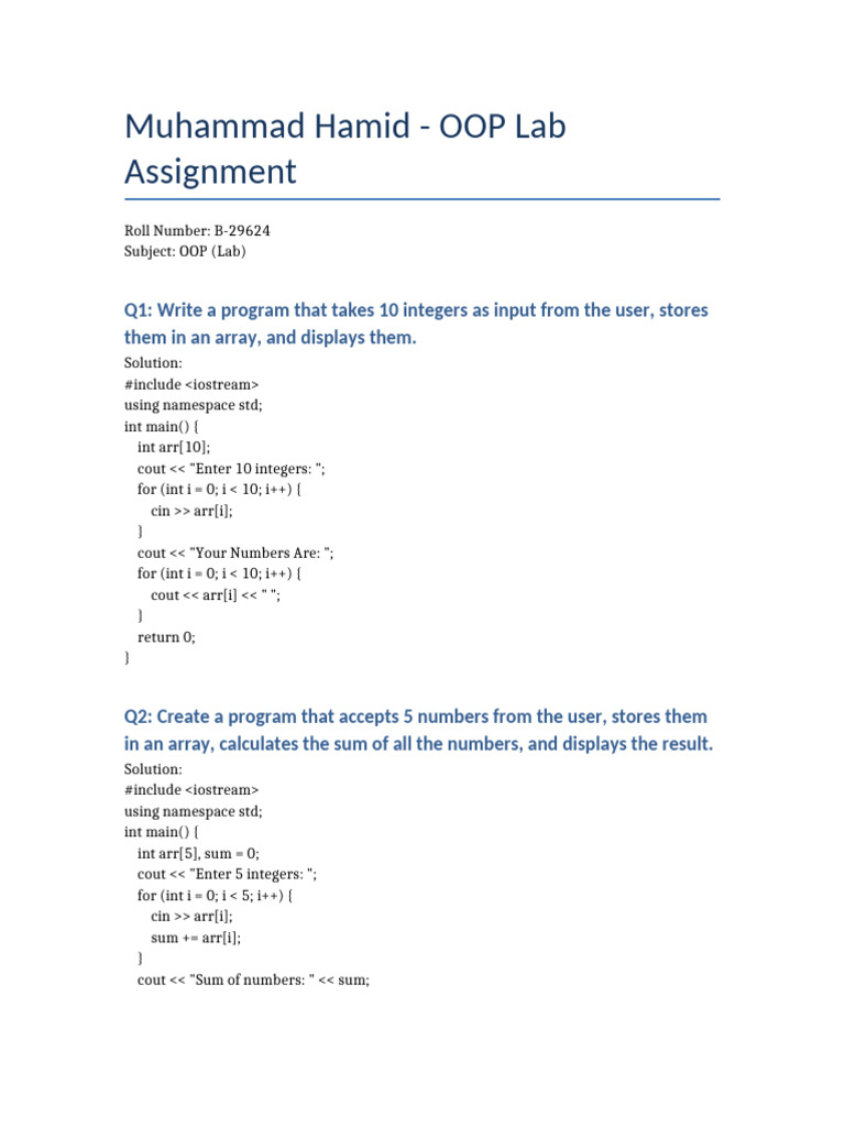 Muhammad Hamid Oop Lab Assignment Pdf Namespace Computer Programming