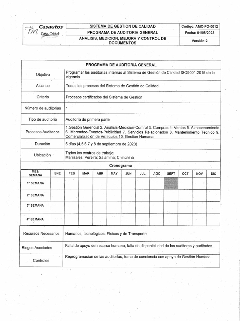 Programa de Auditoría Interna ISO 9001 - 2023 | PDF