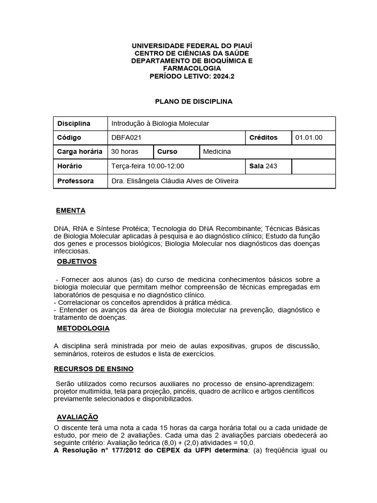 Plano de Disciplina Biologia Molecular A | PDF | Biologia | Remédio
