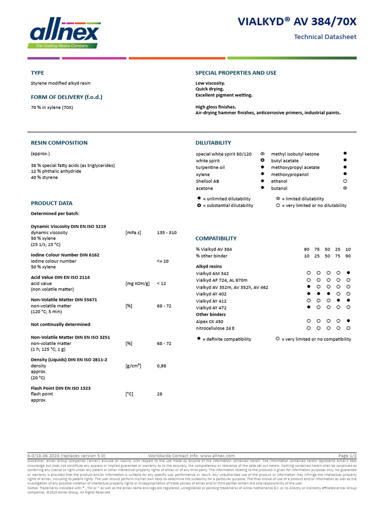 Vialkyd Av 384 70X - en - A4 | PDF | Chemical Substances | Chemical Compounds